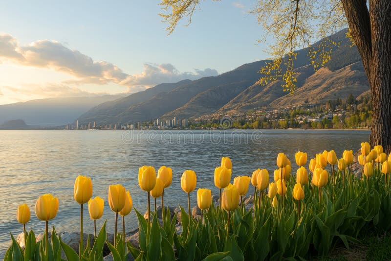 Spring Flowers by Osoyoos Lake on a Cloudy Day in Canada Stock Photo ...
