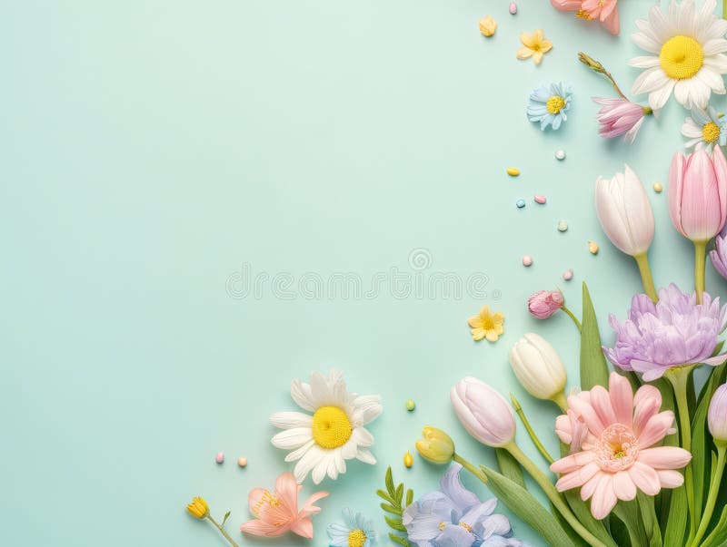 Spring Flowers on Pastel Green Stock Illustration - Illustration of ...