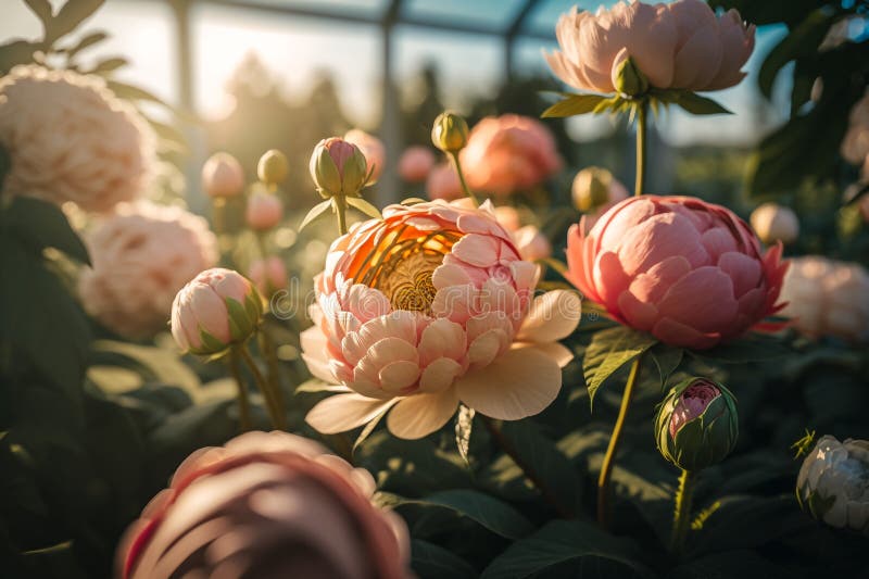Spring Flowers Peonies in Solar Greenhouse. Illustration Generative AI ...