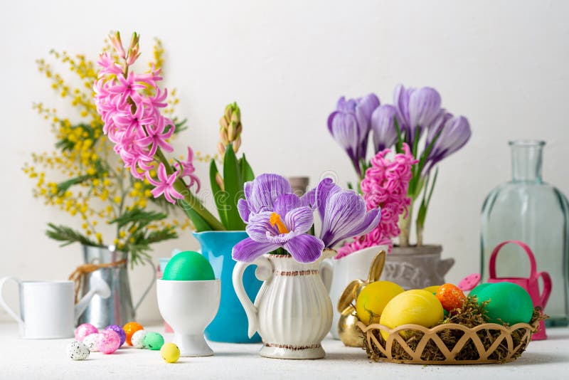 Spring Flowers in Pot and Pitcher Easter Background Stock Image - Image ...