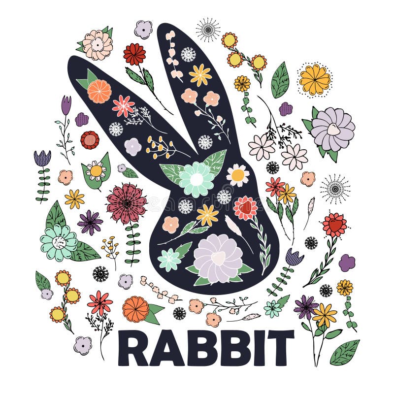 Spring Flowers in Rabbit Silhouette. Doodle Contour Colored Set of ...