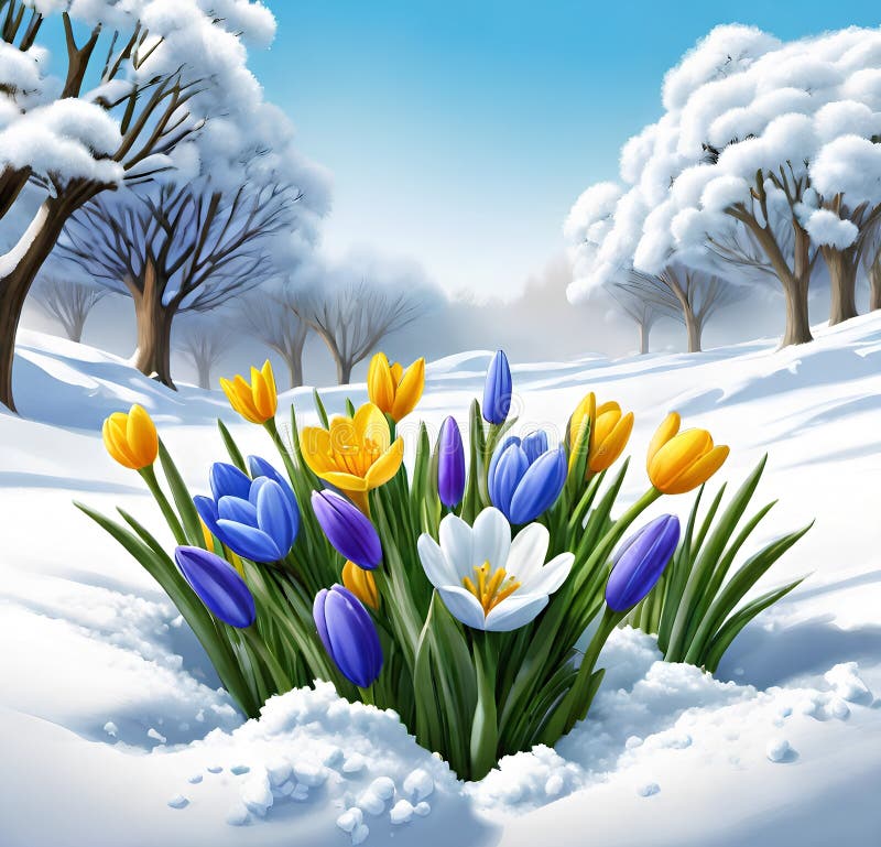 Spring flowers in snow stock illustration. Illustration of primrose ...