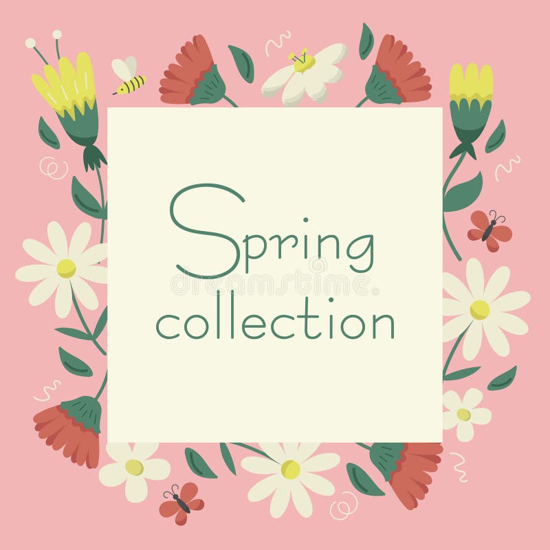 Spring Flowers Square Background with Different Flat Flowers. Vector ...