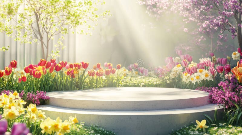 Spring Flowers Surround a Stone Platform in Sunlight Stock Illustration ...