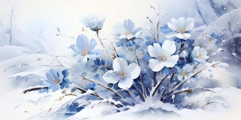 Spring Flowers Under the Snow, Drawing with Paints. Primroses in Spring ...