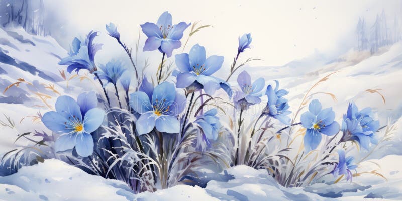 Spring Flowers Under the Snow, Drawing with Paints. Primroses in Spring ...