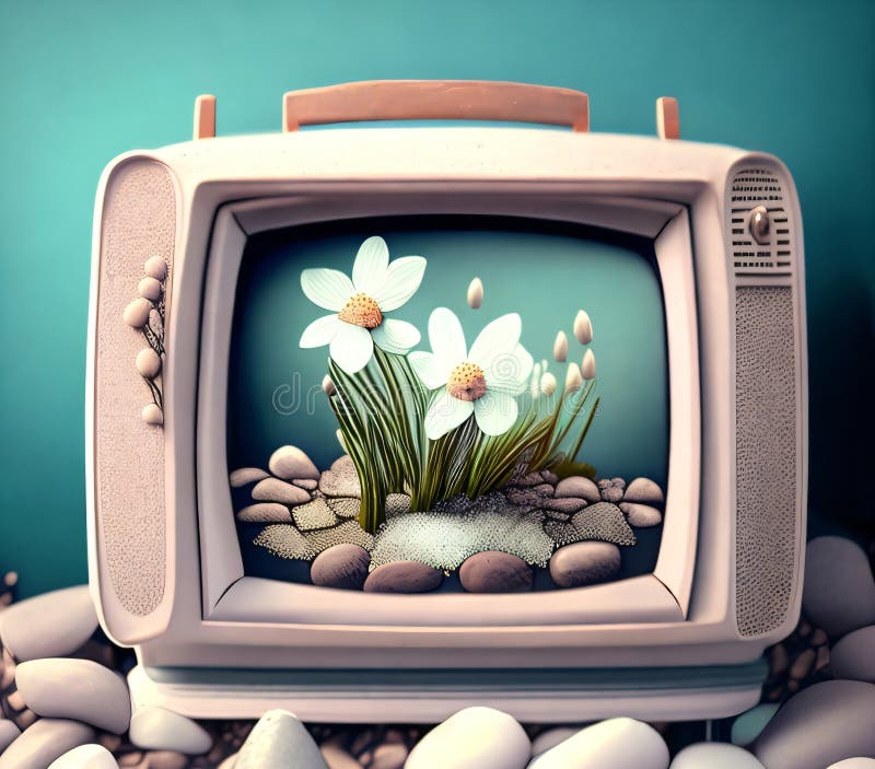 Spring Flowers and Pebbles on a Vintage Tv Stock Illustration ...