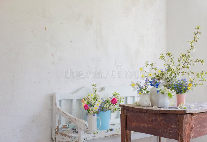 Spring Flowers in Vintage White Interior with Old Wooden Bench Stock ...