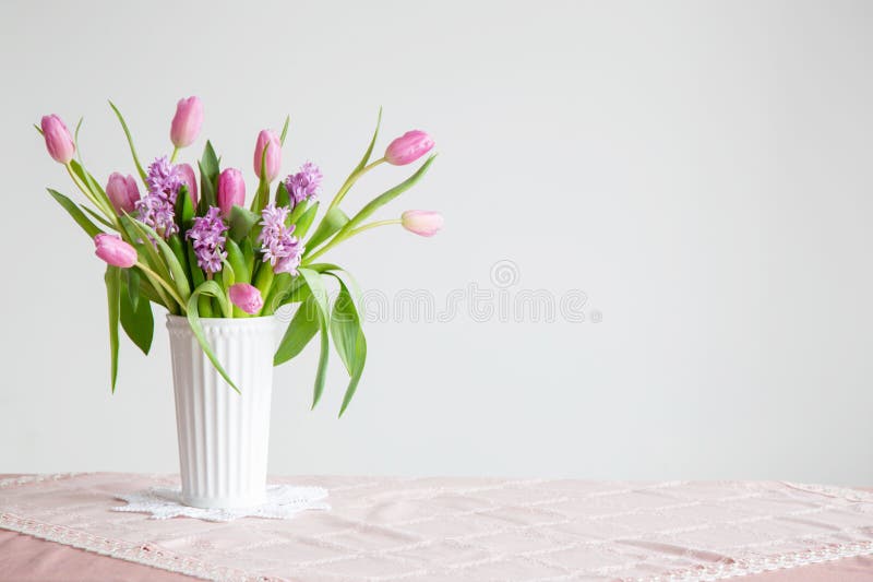 Spring Flowers in White Vase in Vintage Style Stock Photo - Image of ...