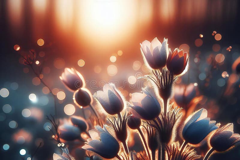 Spring Flowers and Willow Branches in Rays Rising Sun, Concept Spring ...