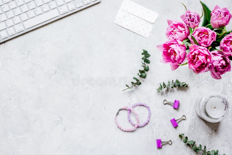 Spring Flowers on Workdesk at Home White Background Top View Mockup ...