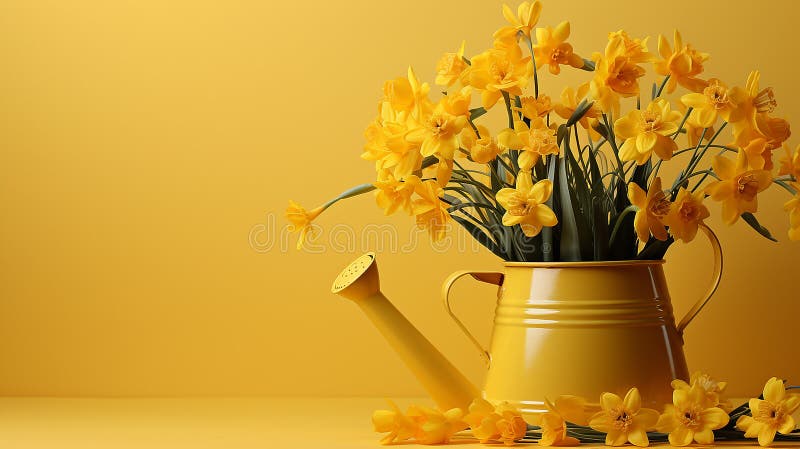 Spring Flowers in a Yellow Watering Can, Yellow Background and Copy ...