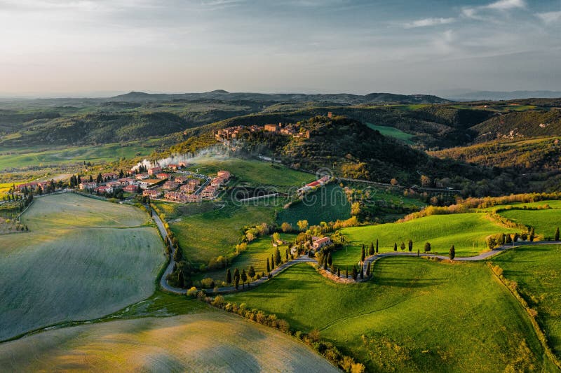 Spring Flying at the Landscape on Sunset Over Blooming Fields Stock ...