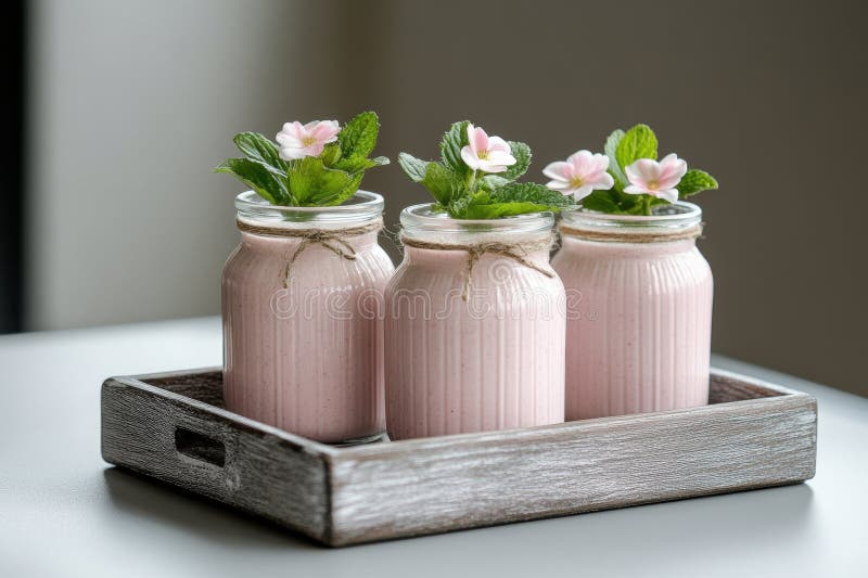 Spring Food Display, Strawberry Yogurt in Glass Jars on a Rustic Tray ...