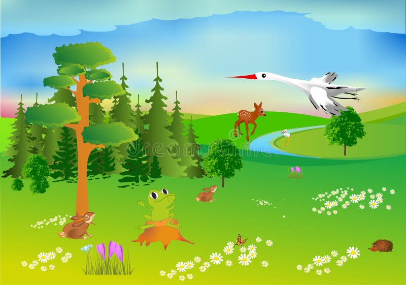 Spring forest and animals stock illustration. Illustration of farmland ...