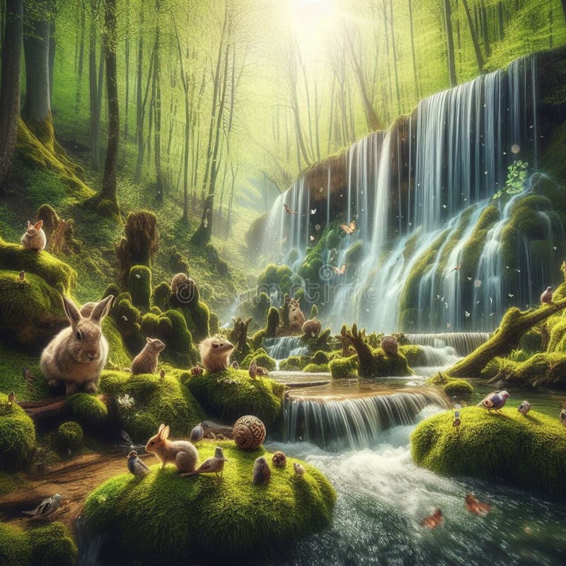 A spring dawn forest. stock photo. Image of waterfalls - 318858940