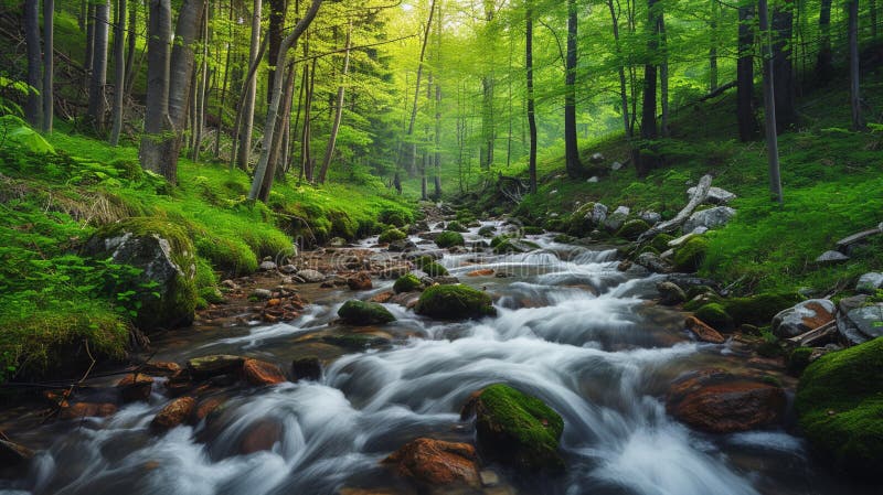 Spring Forest Nature Landscape, Beautiful Spring Stream, River Rocks in ...