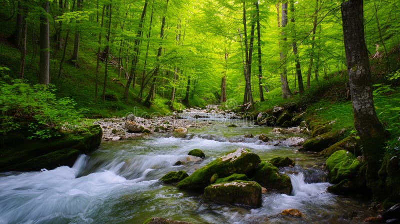 Spring Forest Nature Landscape, Beautiful Spring Stream, River Rocks in ...