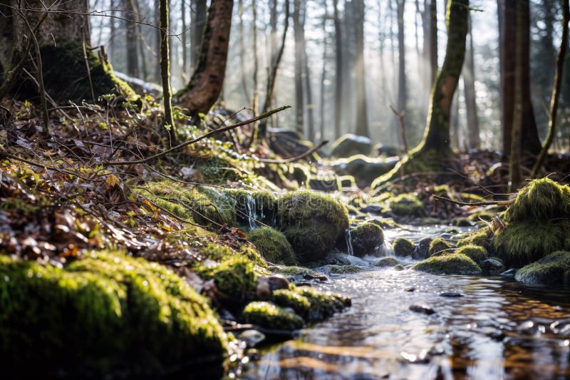 Spring Forest Stream with Moss and Morning Light Stock Image - Image of ...