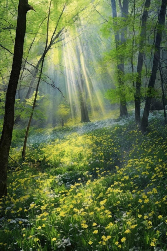 Spring Forest with Sunbeams Shining through Trees Stock Illustration ...
