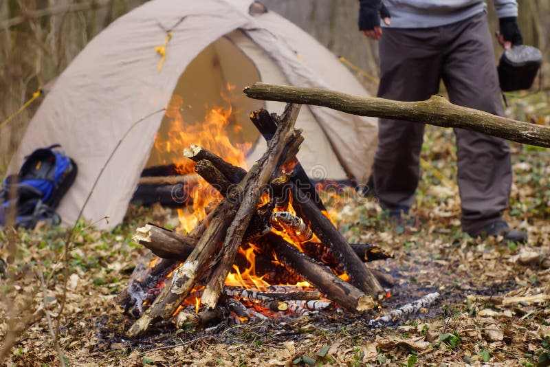 In the Spring Forest a Tent with a Fire a Stock Image - Image of flame ...
