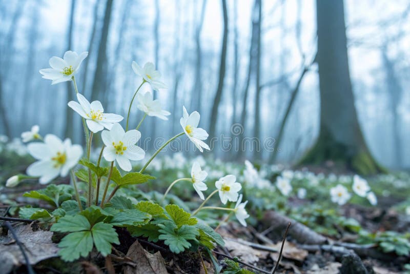 Spring Forest with White Primroses on Light Blue Background Stock Photo ...