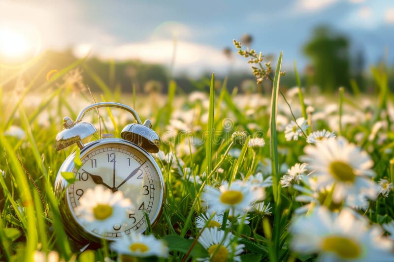 Spring Forward. Daylight Saving Time Alarm Clock on Natural Field ...