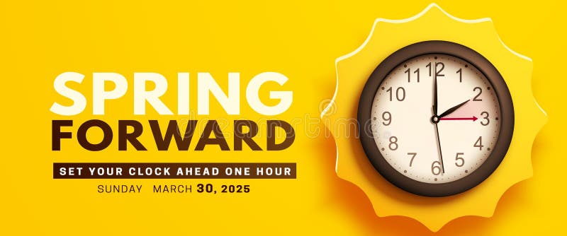 Spring Forward. Daylight Saving Time Banner with Wall Clock Stock ...