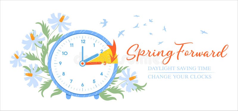Spring Daylight Saving Time Banner in Cartoon Doodle Style with Funny ...