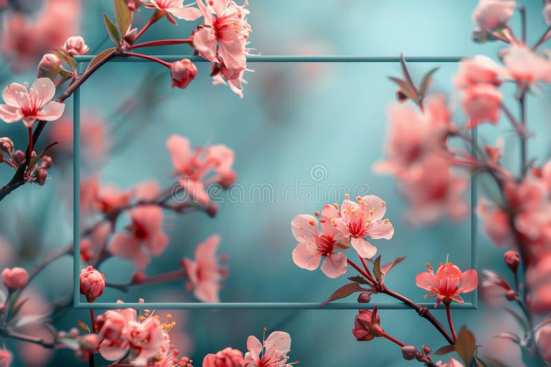 Spring Frame by the Soft Pinks of Cherry Blossoms on a Serene Teal ...