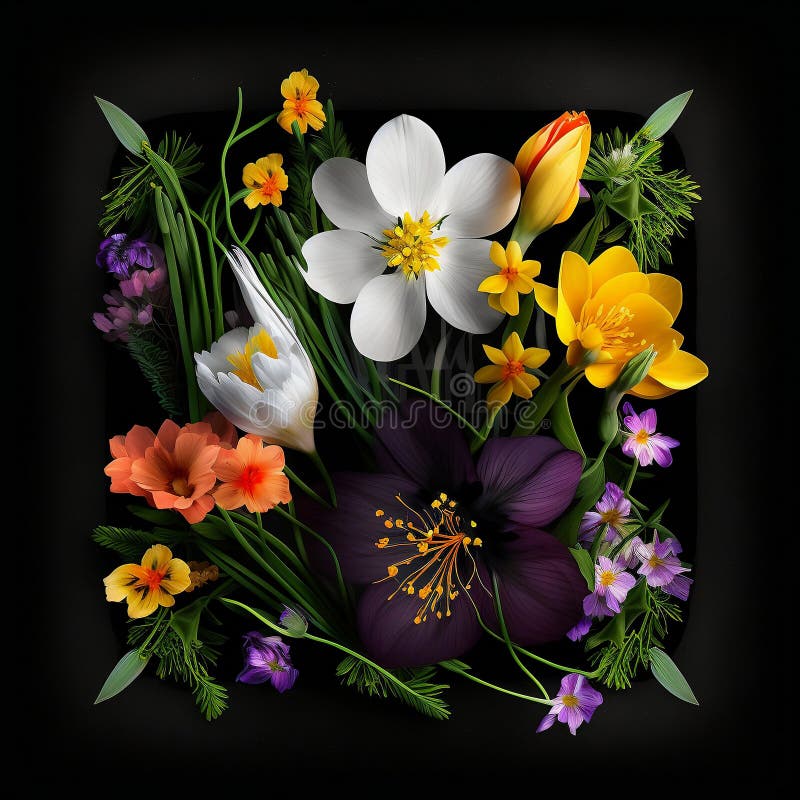 Spring Fresh Flowers in a Square Frame on a Black Background. Generated ...
