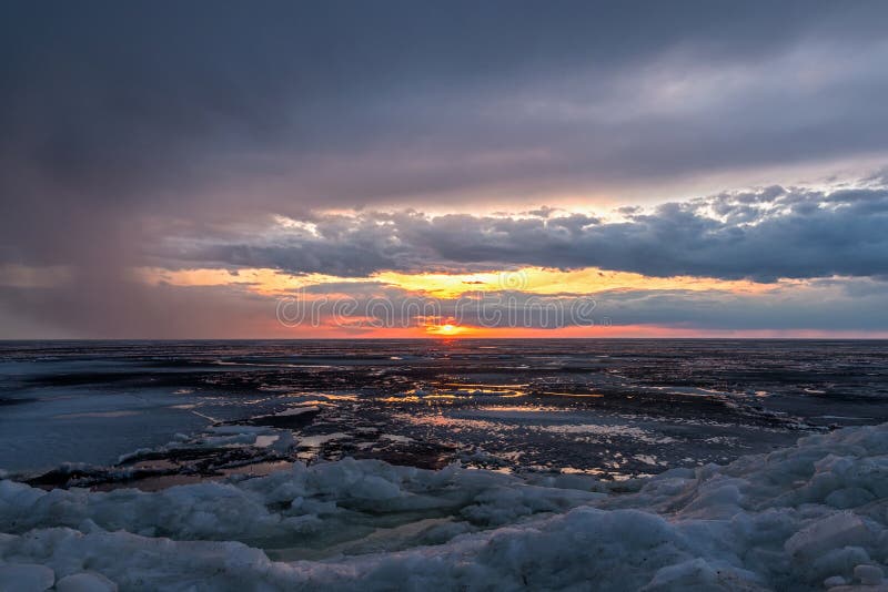 Spring and Frosty Sunset on the Lake Stock Photo - Image of evening ...