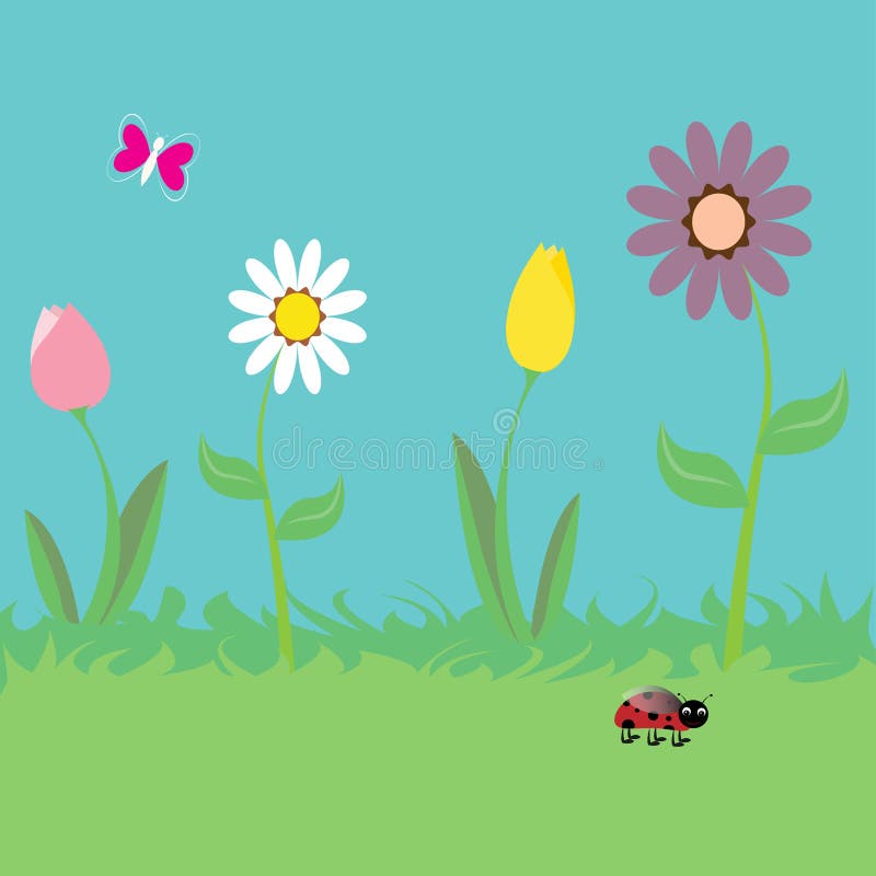 Spring Garden Cartoon Vector Illustration with Tulips, Butterfly, and ...