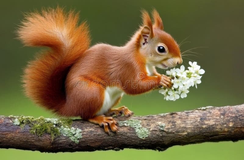 In a Spring Garden Bathed in Sunlight, a Fluffy Red Squirrel Rests on a ...