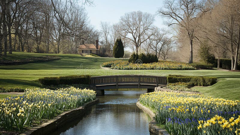 Spring Garden Bridge, Daffodils, Stream, House, Park Stock Image ...