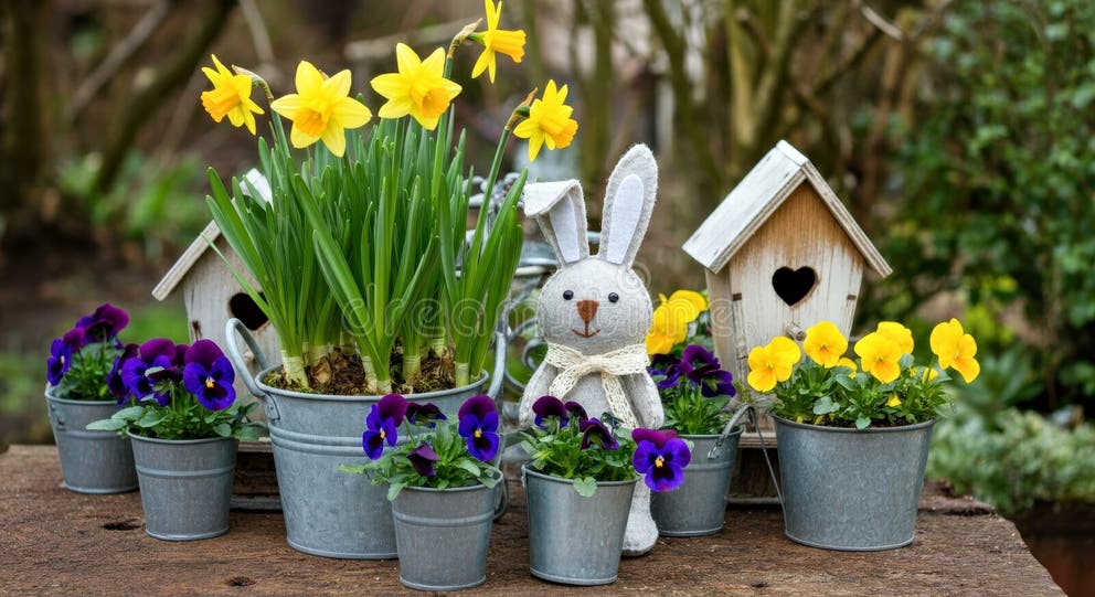 Spring Garden Display with Daffodils, Pansies, and Decorative Bunny in ...