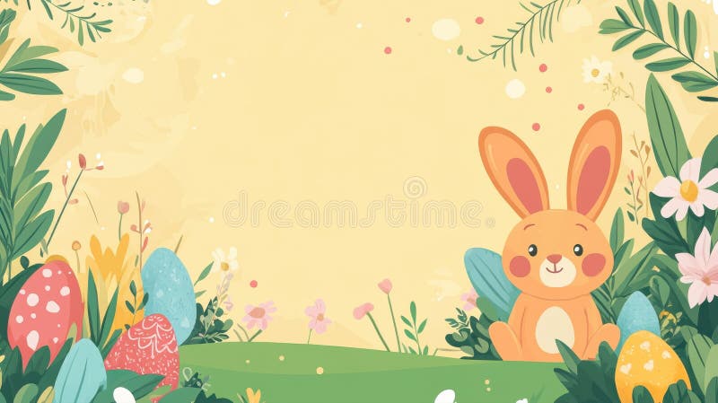 Spring Garden Easter Scene Bunny and Bright Eggs in a Joyful Whimsical ...