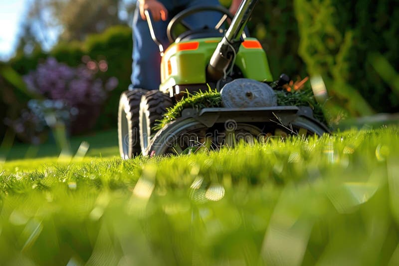 Spring Garden Maintenance: Worker Operating Lawn Mower Stock Image ...