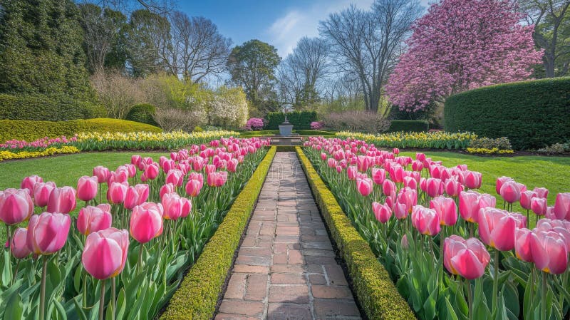 Spring Garden Path Lined with Pink Tulips and Boxwood Stock ...