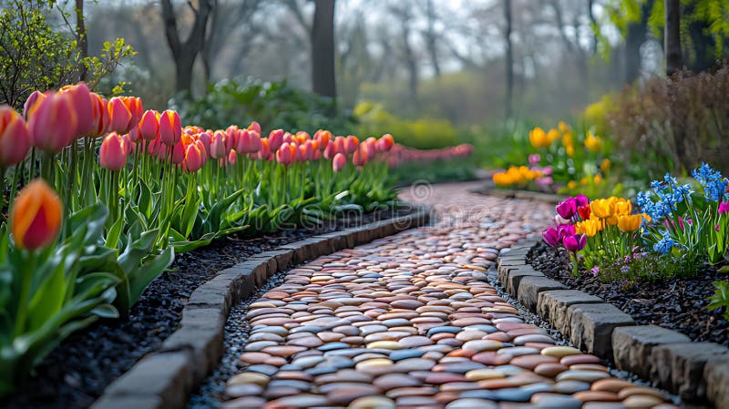 Spring Garden Path, Pebble Stones, Tulips, Park, Sunrise Stock ...