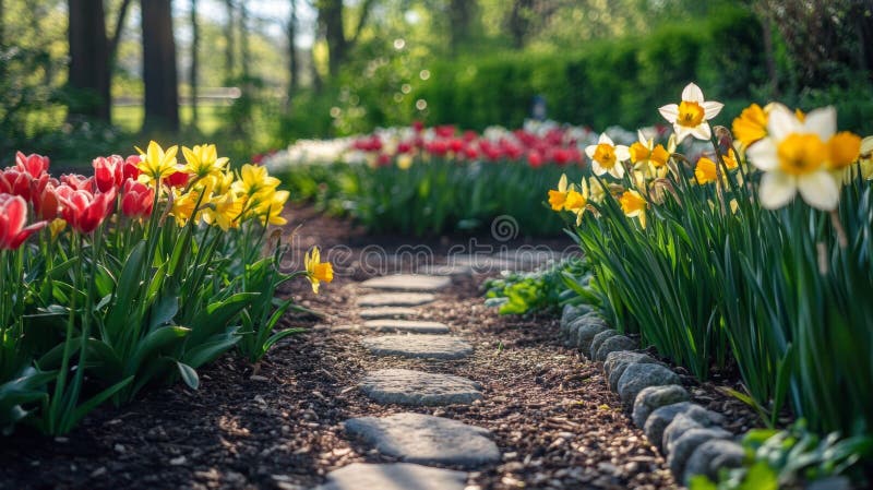 Spring Garden Path Tulips and Daffodils Abound Stock Illustration ...