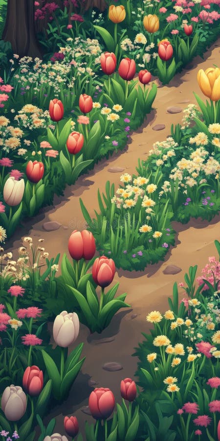 Spring Garden Path with Vibrant Flowers Stock Illustration ...