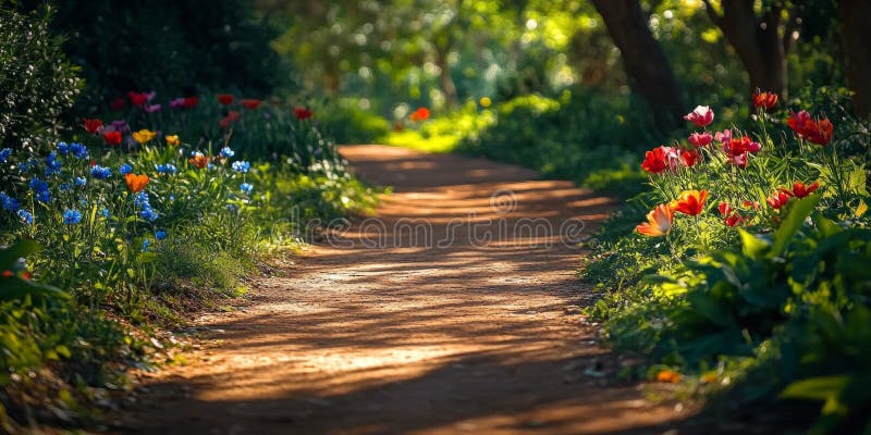Spring Garden Pathway with Flowers Stock Illustration - Illustration of ...