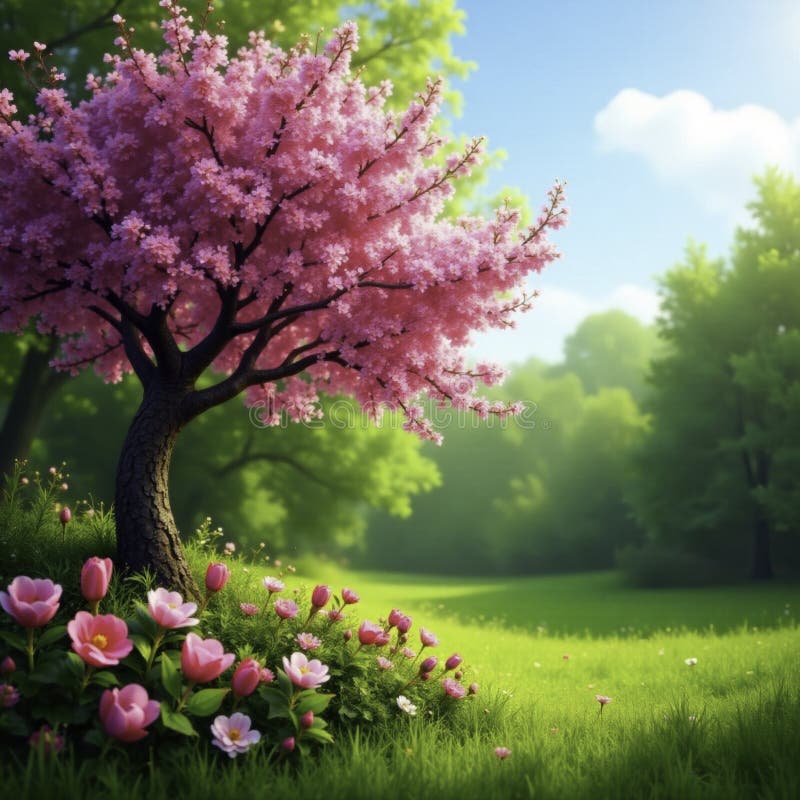 Spring Garden Scene with a Blooming Tree and Sunshine, Spring, Garden ...