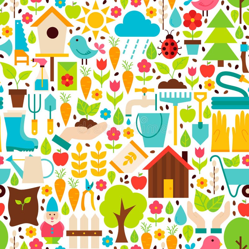 Spring Garden Vector Flat Design White Seamless Pattern Stock Vector ...
