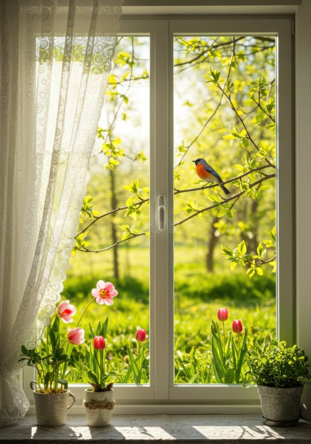 Spring Garden View through Sunny Window with Bird Stock Illustration ...