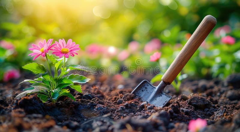 Spring Garden Works. Gardening Tools and Flowers on Soil Stock ...