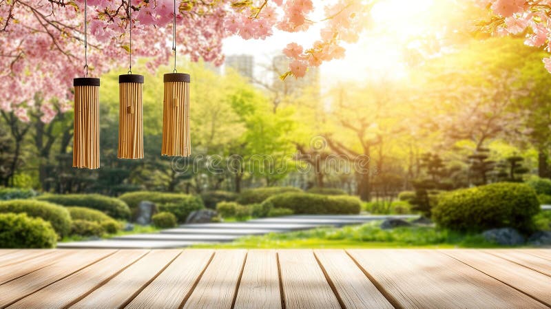 Spring Garden Zen Bamboo Wind Chimes Wood Deck Stock Image - Image of ...