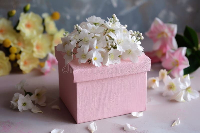Spring Gift Box with Flowers in Pink and White Colors Stock Image ...