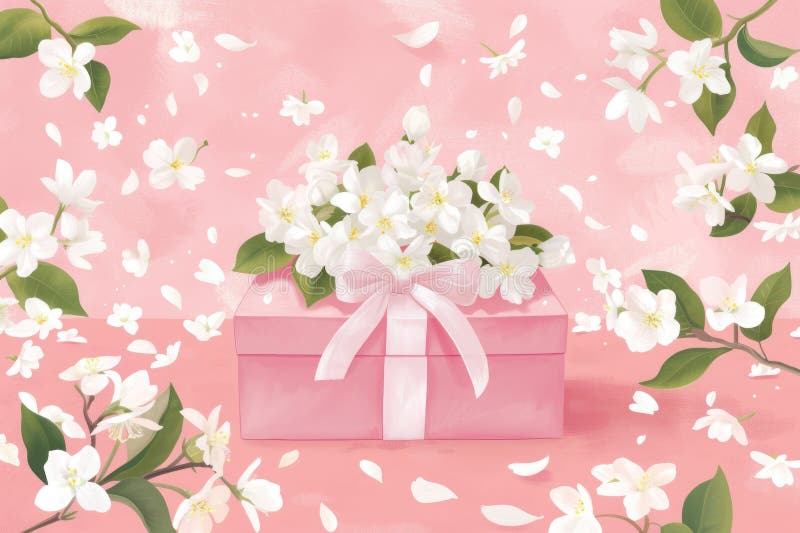 Spring Gift Box with Flowers in Pink and White Colors Stock Image ...